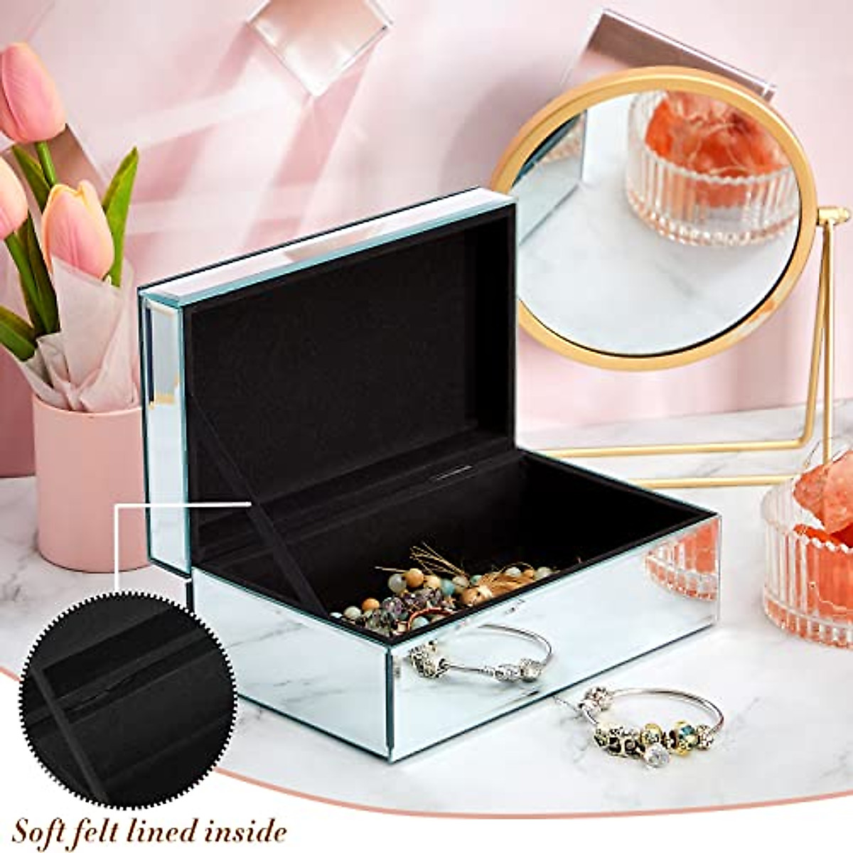 2 Pieces Silver Glass Mirrored Diamond Jewelry Box Christmas Gift Container Organizer Simple Classic Storage Jewelry Box Decorative Glass Box Jewelry Organizer Box Jewelry Storage