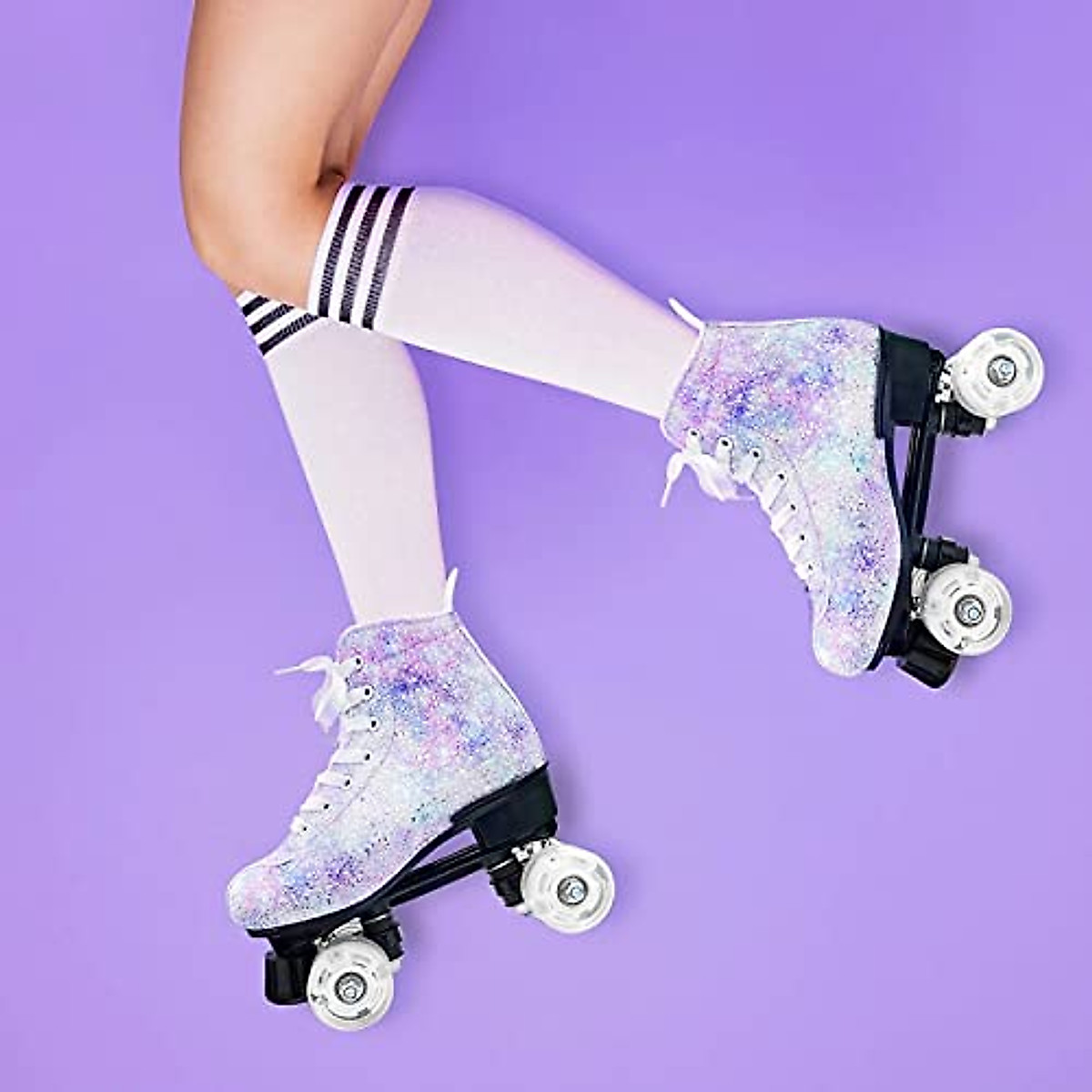 Nattork Roller Skates for Women with Glitter Leather High-top Double Row Rollerskates, Unisex-Adult Derby Skate for Beginner,Fast Braking Rink Skates