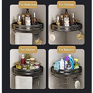 LamChyar Corner Shower Caddy, 3 Tiers Shower Organizer, Aluminium Shower Shelfs with 10 Removable Hooks and Towel Bar, No-Drilling Wall Adhesive Installation(Black)