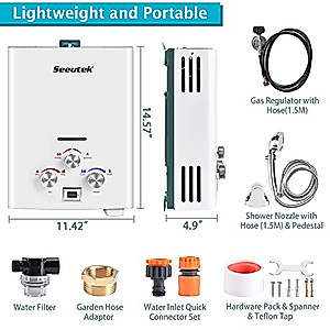 Seeutek Portable Water Heater 1.6GPM/6L, Outdoor Propane Gas Tankless Water Heater, On Demand Water Heater for RV Camping, Instant Hot Water for Shower Overheating Protection White