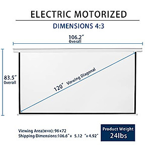 120" Motorized Projector Screen Electric Diagonal Automatic Projection 4:3 HD Movies Screen for Home Theater Presentation Education Outdoor Indoor W/Remote Control and Wall/Ceiling Mount (White)