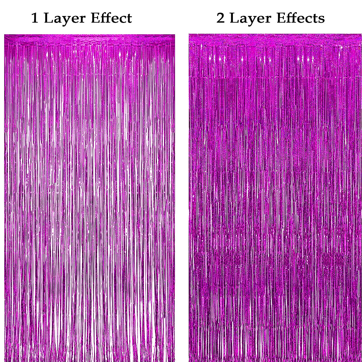 Slmeno 4 Pack 3.3x8.2 Feet Hot Foil Fringe Backdrop Curtains, Hot Foil Fringe Curtain Backdrop Streamers Party Decor Birthday Party, Baby Shower, Bachelorette, Disco, Grad Party, 4pcs Laser Rose-red