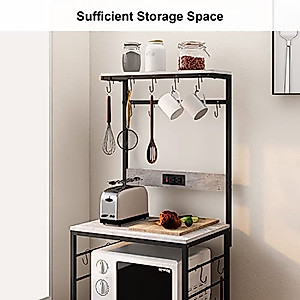 GiftGo Kitchen Bakers Rack with Power Outlet, Coffee Bar Table 4 Tiers, Kitchen Microwave Stand Multifunctional Kitchen Storage Shelf Rack for Spices, Pots and Pans (Grey)