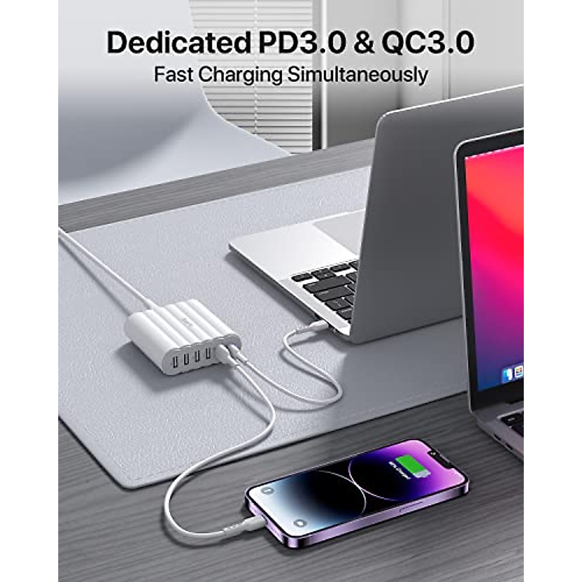 USB C Charger, SooPii 68W Charging Hub, 6 Port USB Charging Station with One 30W PD/PPS Port and One 18W QC Port for Laptops, Phones and Other Electronics, 6 Mixed Charging Cables Included, White