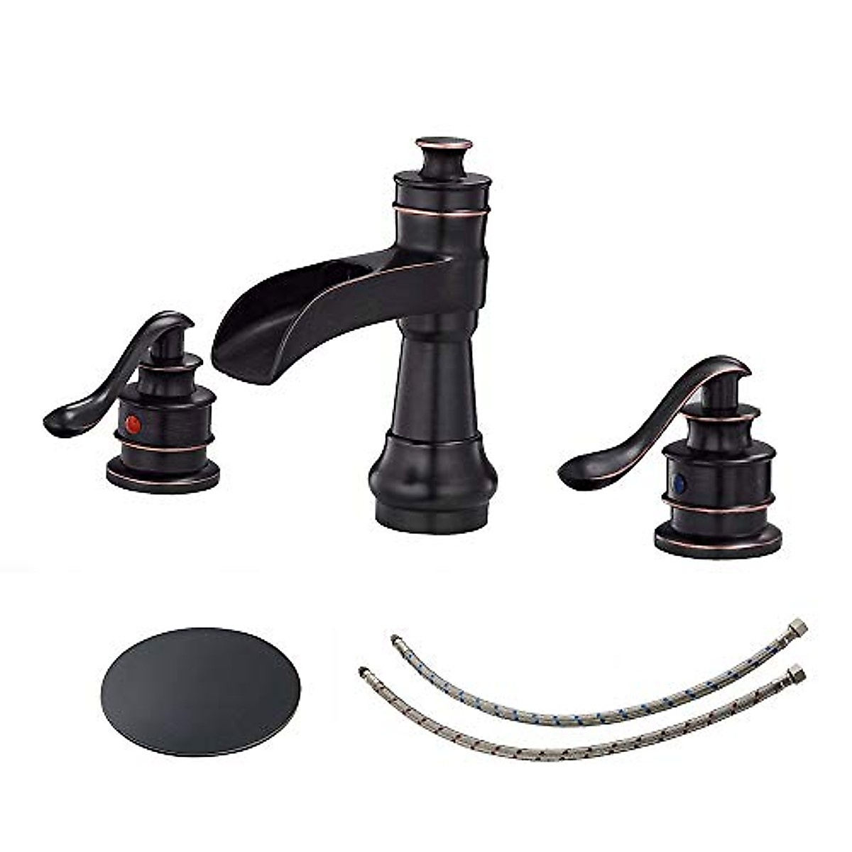 BWE Waterfall Widespread Bathroom Faucet 3 Hole Oil Rubbed Bronze Farmhouse 8 Inch Pop Up Drain Stopper Assembly Overflow Supply Line Lead-Free Faucets Parts Two Handle Bath Vanity Lavatory Sink