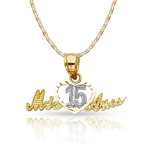 14K Two Tone Gold Sweet 15 Years Quinceanera Heart Mis 15 Anos Charm Pendant with 1.5mm Valentino Chain Necklace - 22"