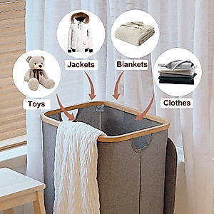 FairyHaus Laundry Basket with Lid, Freestanding Large Laundry Hamper with Lid, Removable Bag & Support Rods, Collapsible Dirty Clothes Hampers for Laundry with Easy Carry Bamboo Handles, Tall, Grey