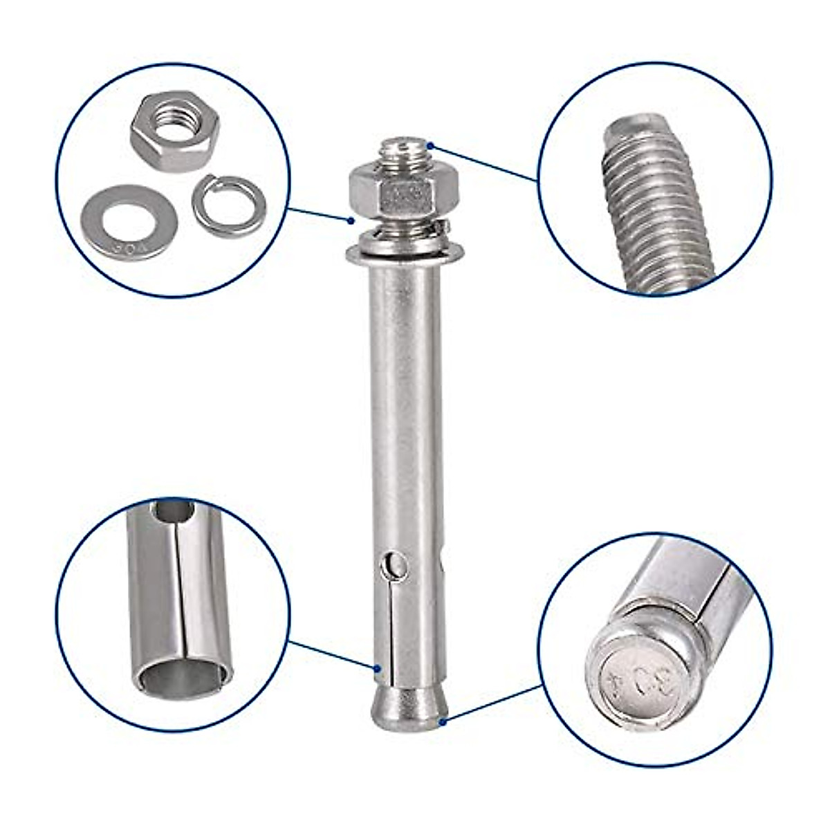 5 Pcs M6 x 50mm 304 Stainless Steel Expansion Bolt External Hex Expansion Screw Bolt Sleeve Anchor，Pool Safety Cover Expansion Bolts，for Concrete