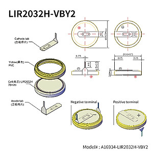 EEMB 5PCS LIR2032H Rechargeable Battery 70mah 3.7V Lithium-ion Coin Button Cell Batteries with Solder Tabs