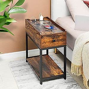 AMHANCIBLE End Table Living Room with Charging Station, Narrow Nightstand with USB Ports & Power Outlets, Slim Bedside Table for Small Spaces, Bedroom, Rustic Brown HET04LDBR1