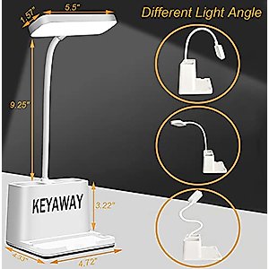 LED Desk Lamp with Pen & Phone holder, USB Rechargeable Book Reading Light,Eye-Caring Study Lamp for Kids, Touch Table Lamp with Flexible Gooseneck for Home,Office,3 Color Modes & Stepless Dimming