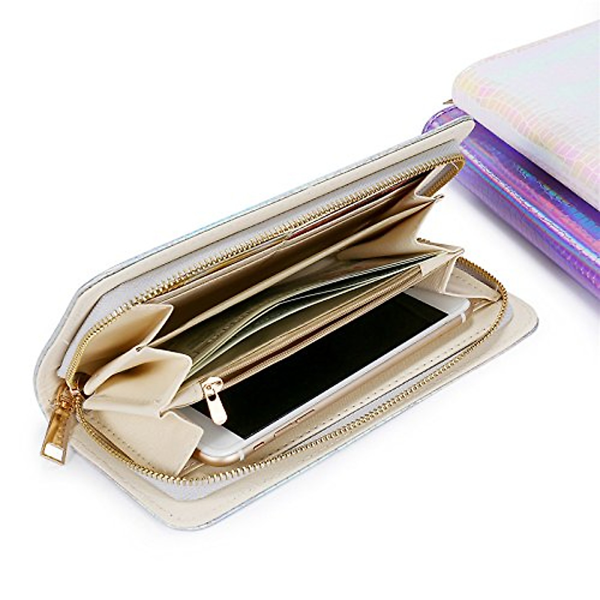 YAIRYANGTZE Hologram Slim PU Leather Wallet with Zipper Long Clutch Wallet Purse for Women (Silver)