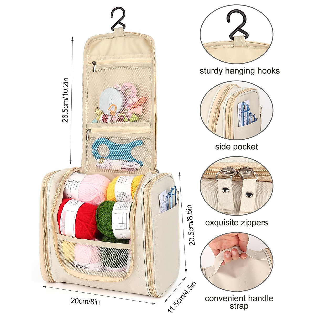 Katech Crochet Bag Yarn Storage Organizer, Yarn Bags for Crocheting With Hanging Hook, Crochet Travel Bag for Crochet Hook, Knitting Accessories Project, Crochet Tote Bag White