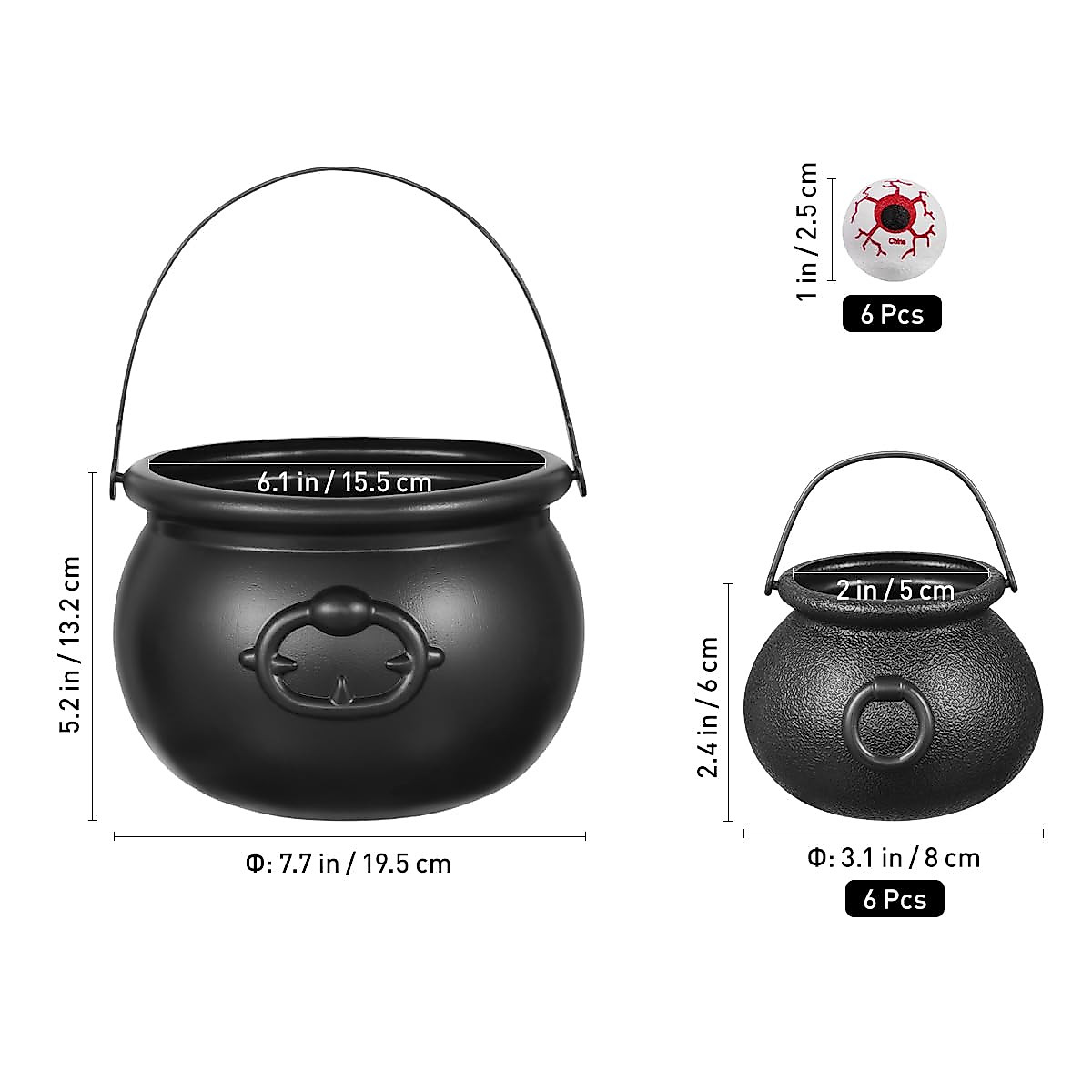 Hemoton Black Plastic Candy Cauldron Kettles with Handle Set, Included 7.7" Cauldron Candy Kettles, 6 Pcs 3.1"Small Cauldron, 6 Pcs Halloween Eyeballs Horror Party Favors Supplies Decoration
