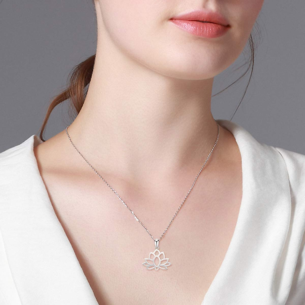 YFN Sterling Silver Open Lotus Flower Pendant Necklace Women Yoga Necklace for Women (Silver)