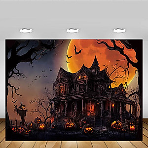 MEHOFOND 10x7ft Scary Halloween Backdrop Moon Night Full Moon Bat Scary Pumpkin Horrible Halloween Background Gloomy Woods Trees Flying Bats Scary Crows Party Decoration Banner Props