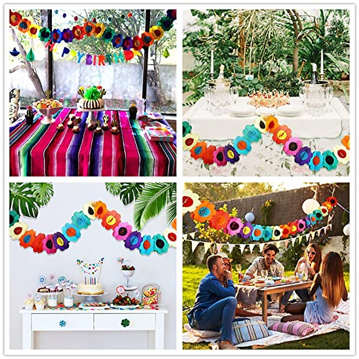 2pcs 9 Feet Rainbow Honeycomb Paper Garland Flower Banner,Mexican Paper Garland Hibiscus Garland,Large Tropical Tissue Paper Flowers for Luau Party Hawaiian Fiesta Handcrafted Hanging Decorations