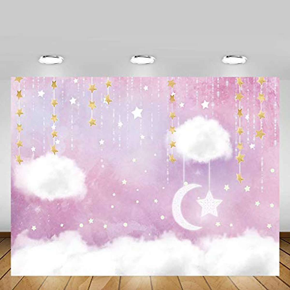 MEHOFOTO Sweet Pink and White Cloud Photo Studio Backdrop Props Princess Birthday Girl Baby Shower Party Decorations Hanging Gold Stars Twinkle Twinkle Little Stars Photography Background Banner 7x5ft