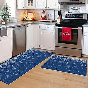 Christmas Kitchen Rugs and Mats Set of 2, Non-Slip Blue Snowflake Rugs Kitchen Mats Snowflake Doormat for Winter Holiday Kitchen Decorations Washable Runner for Xmas Home Decor (17"x47"+16"x24")