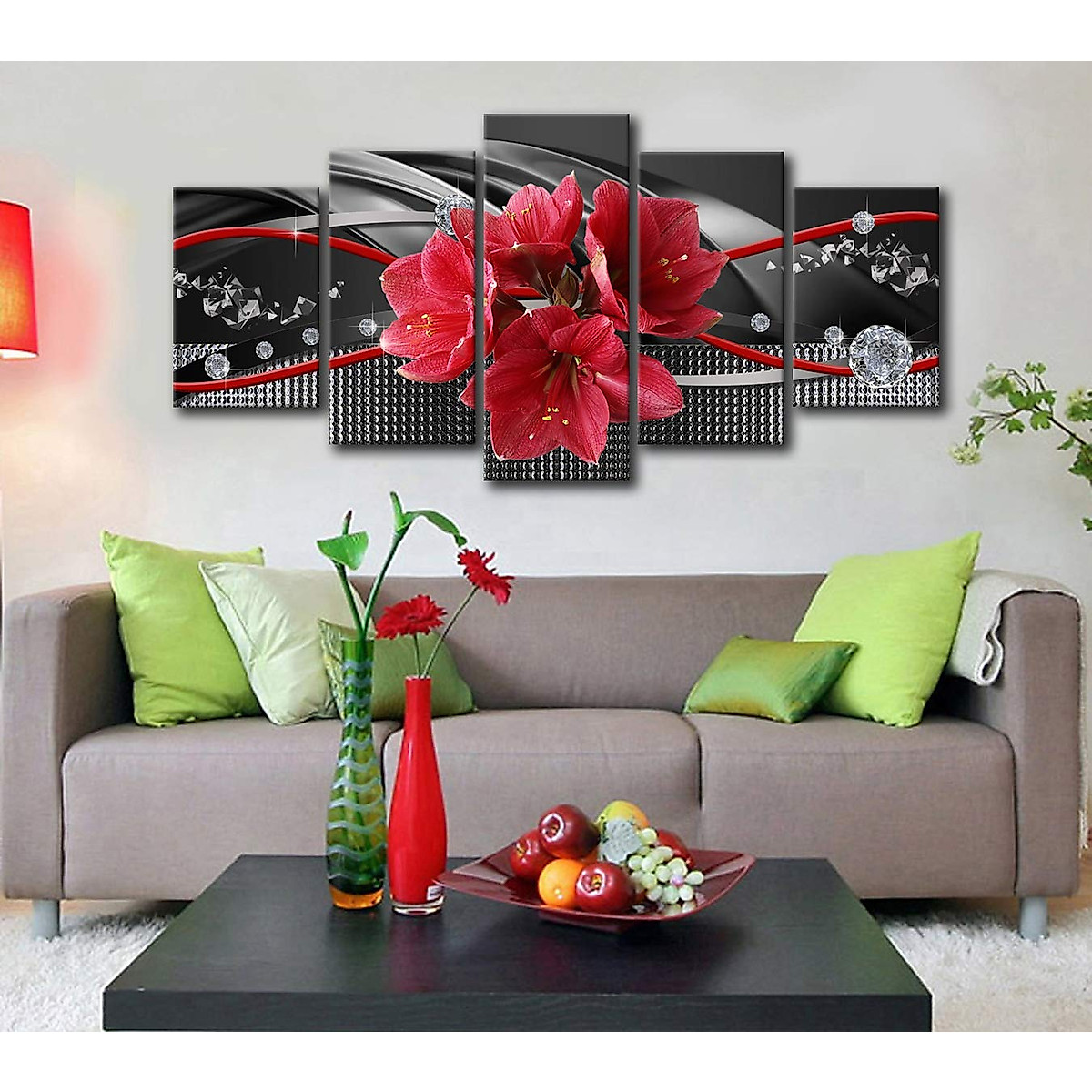 Large Red Flower Canvas Wall Art Prints Picture Black 5pcs Painting Home Decor Bedroom Ready to Hang Framed Modern Artwork 30x60