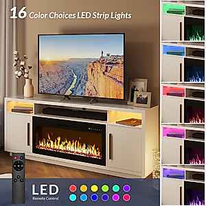 BELLEZE 70" Fireplace TV Stand for TVs Up to 80", LED Light Entertainment Center with 36" Electric Fireplace Heater, Storage Cabinet, Media Console Table for Living Room - Avenue (White)