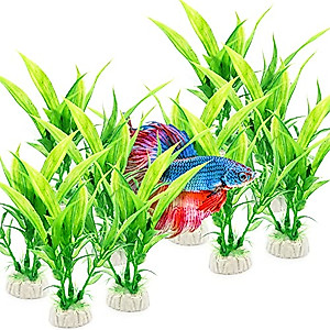 SunGrow Artificial Aquarium Plants for Aquatic Pets, Realistic Green Plants with Ceramic Base, Fish Tank Decorations & Home Decor, 10Pcs/Pack