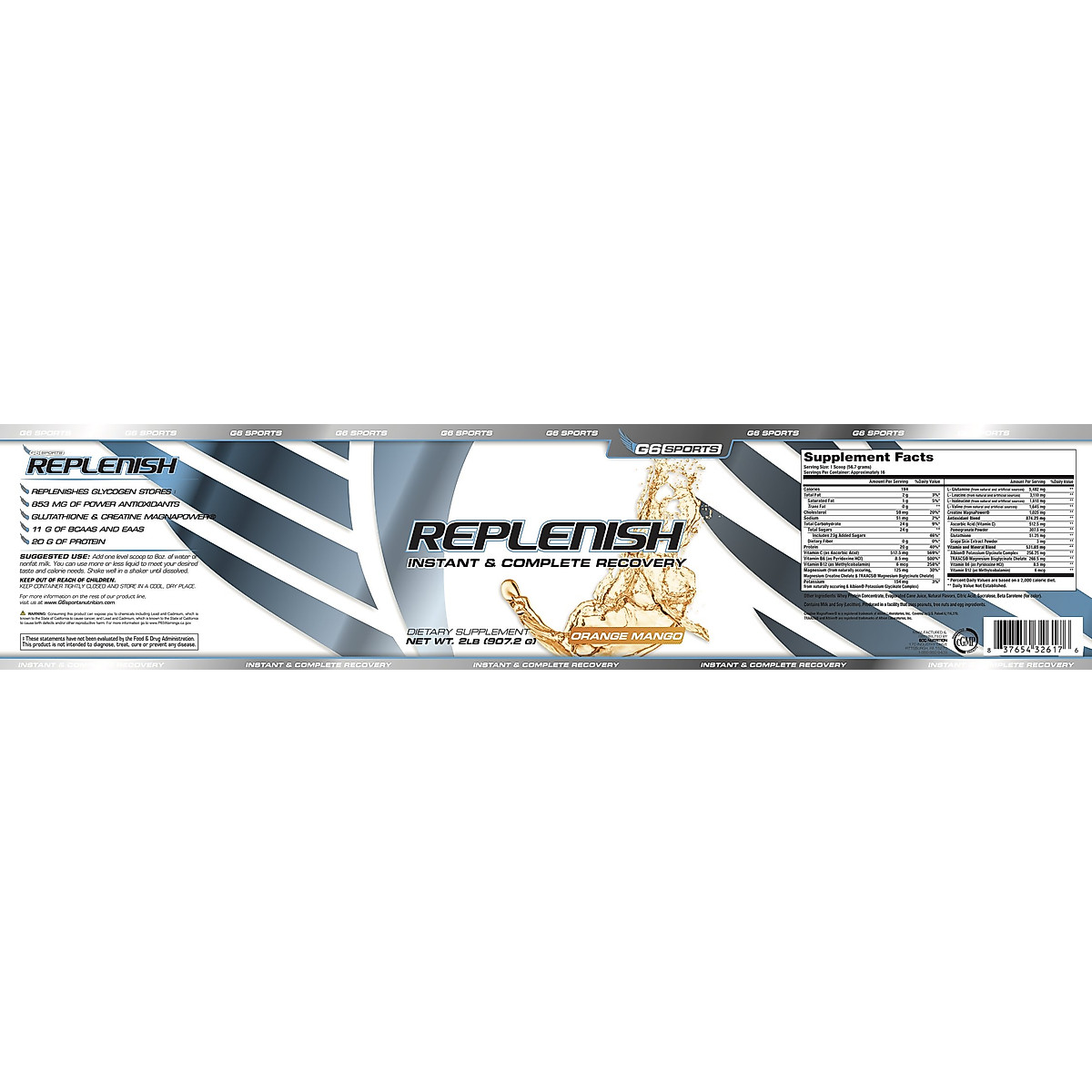 G6 Sports Nutrition Replenish Instant & Complete Recovery (Post Workout Formula, 11g of BCAAs & EAAs, 20g Whey Protein, 1000mg Creatine MagnaPower, Zero Refined Sugars) – 2lb Jar – Orange Mango