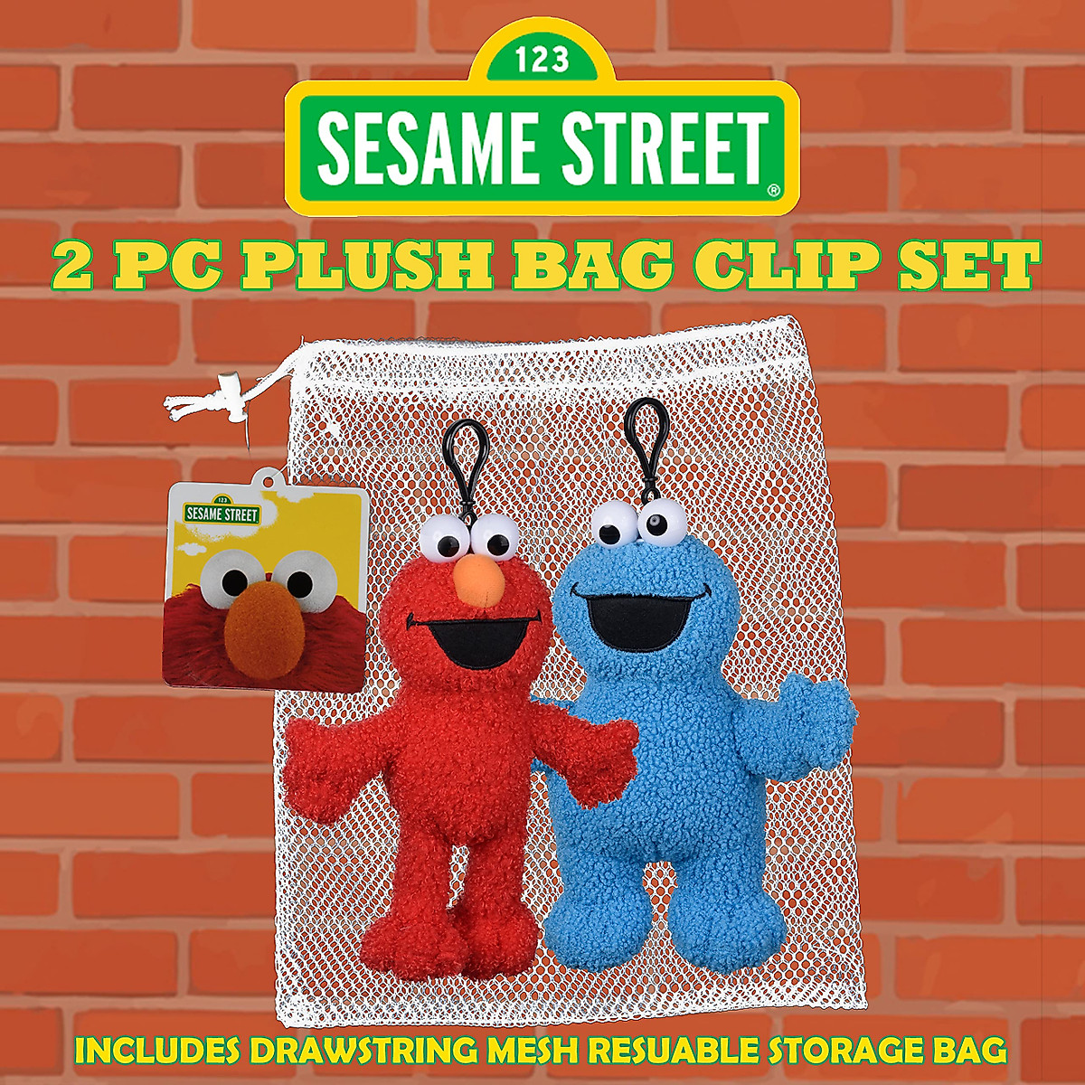 Sesame Street Elmo & Cookie Monster Plush 8" Bag Clip Set,Toys for Kids, Toddler, & Preschoolers, 2 Pc