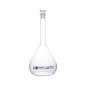 EISCO Volumetric Flask, 5000mL - Borosilicate Glass - Class A - Hexagonal Hollow Glass Stopper - Single Blue Graduation