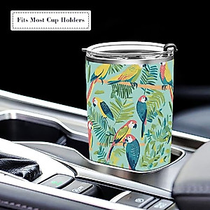 Parrots Tropical Plants Green Stainless Steel cups for hot and cold with Straw Leak Resistant Flip coffee mug to go for café reusable flip straw tumbler 20 OZ