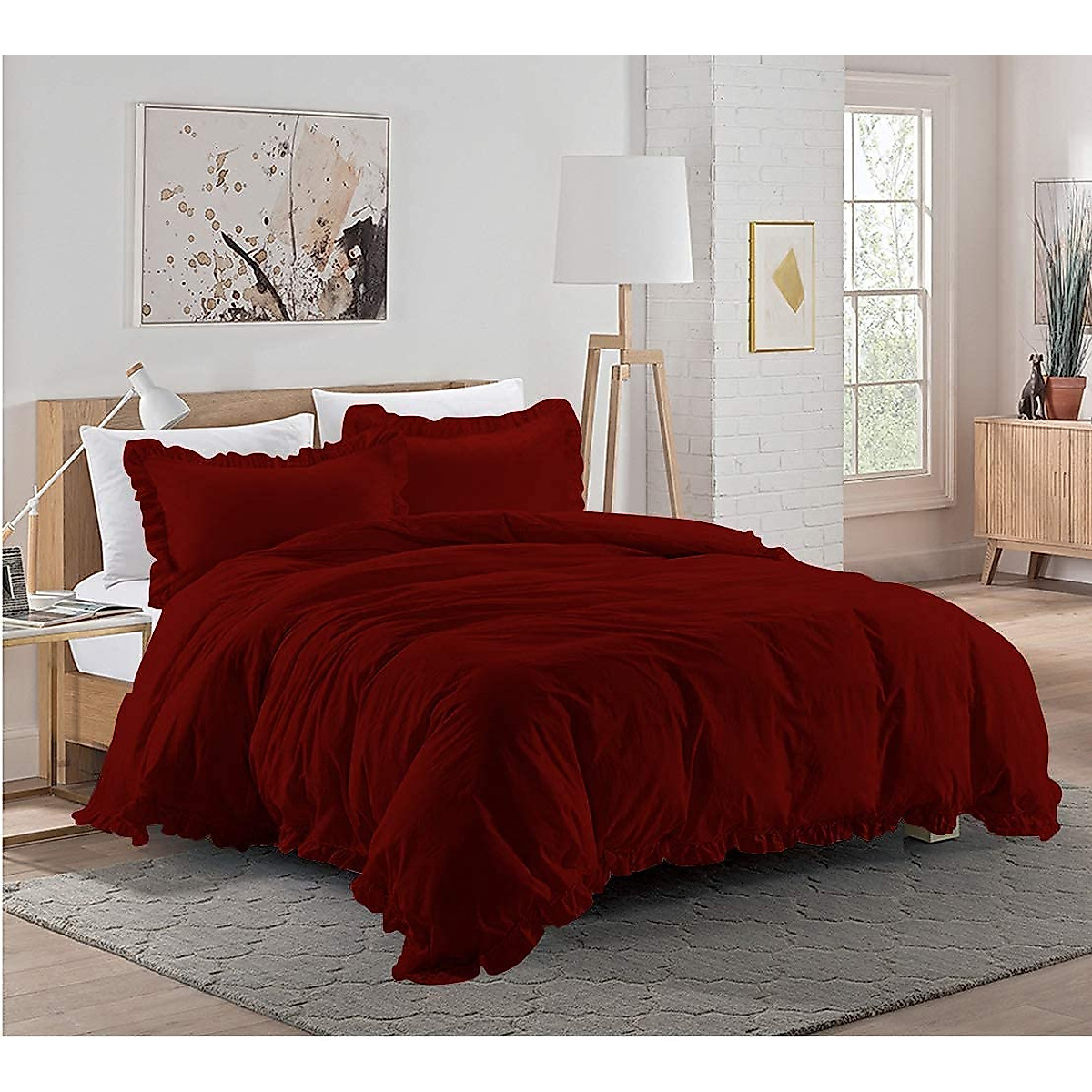 Xtream Fabric 1 Piece Frilled Duvet Cover Corner Edge Ruffle Comforter Cover & 4 Pillowcase, 5 PCs Frilled Duvet Set Cotton 800 TC Full/Queen Size, Burgundy