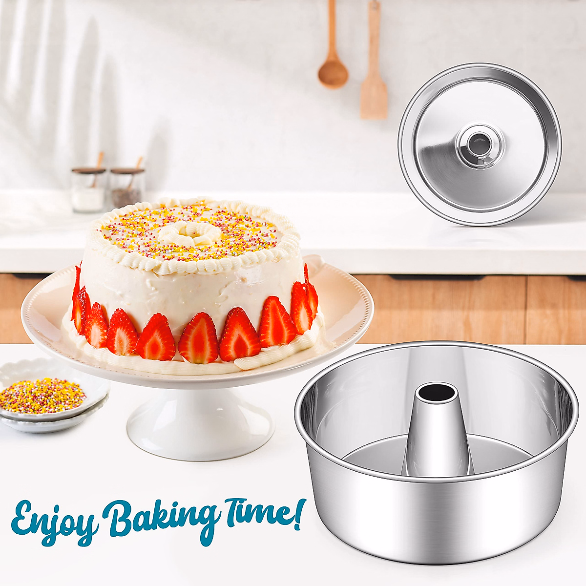 E-far Angel Food Cake Pan Set of 2, 10-Inch Stainless Steel Tube Pan for Baking Pound Chiffon Cake, One-piece Design & Non-toxic, Dishwasher Safe
