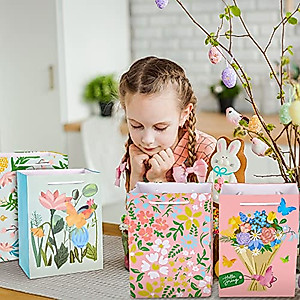 Whaline 12Pcs Spring Paper Gift Bags with Handle Floral Candy Goodie Bag Yellow Blue Pink Flower Treat Bags Party Favor Bags for Wedding Birthday Baby Shower Mother's Day Easter Party Gift Supplies