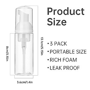 3PCS 2 Oz Foam Bottles, Empty Foam Pump Dispenser, Shampoo Foam Pump Bottles, Foaming Soap Pump for Travel Cleaning Hand Soap, Cleanser, Shampoo（60 Ml, Clear）