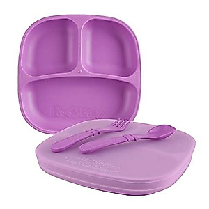 Re-Play Made in USA 5 Piece Toddler Feeding Set includes 2 Divided Plates, Silicone Storage Lid, Utensils - Made from Recycled Milk Jugs - Purple