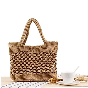 Eaarliyam Cotton Woven Beach Bag Crochet Travel Tote Handbag Casual Summer Shoulder Bag for Women Beige Tote-Handbags