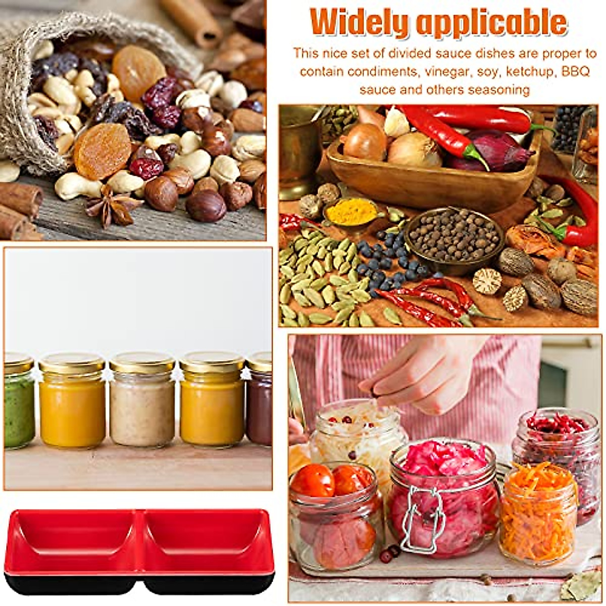 6 Pieces Dual Dipping Bowls Melamine Dual Sauce Bowls Dual Sauce Dishes Divided Sauce Dishes Wasabi Sushi Dipping Plates Appetizer Serving Tray for Restaurant Kitchen, Soy Sauce, Ketchup, BBQ Sauce