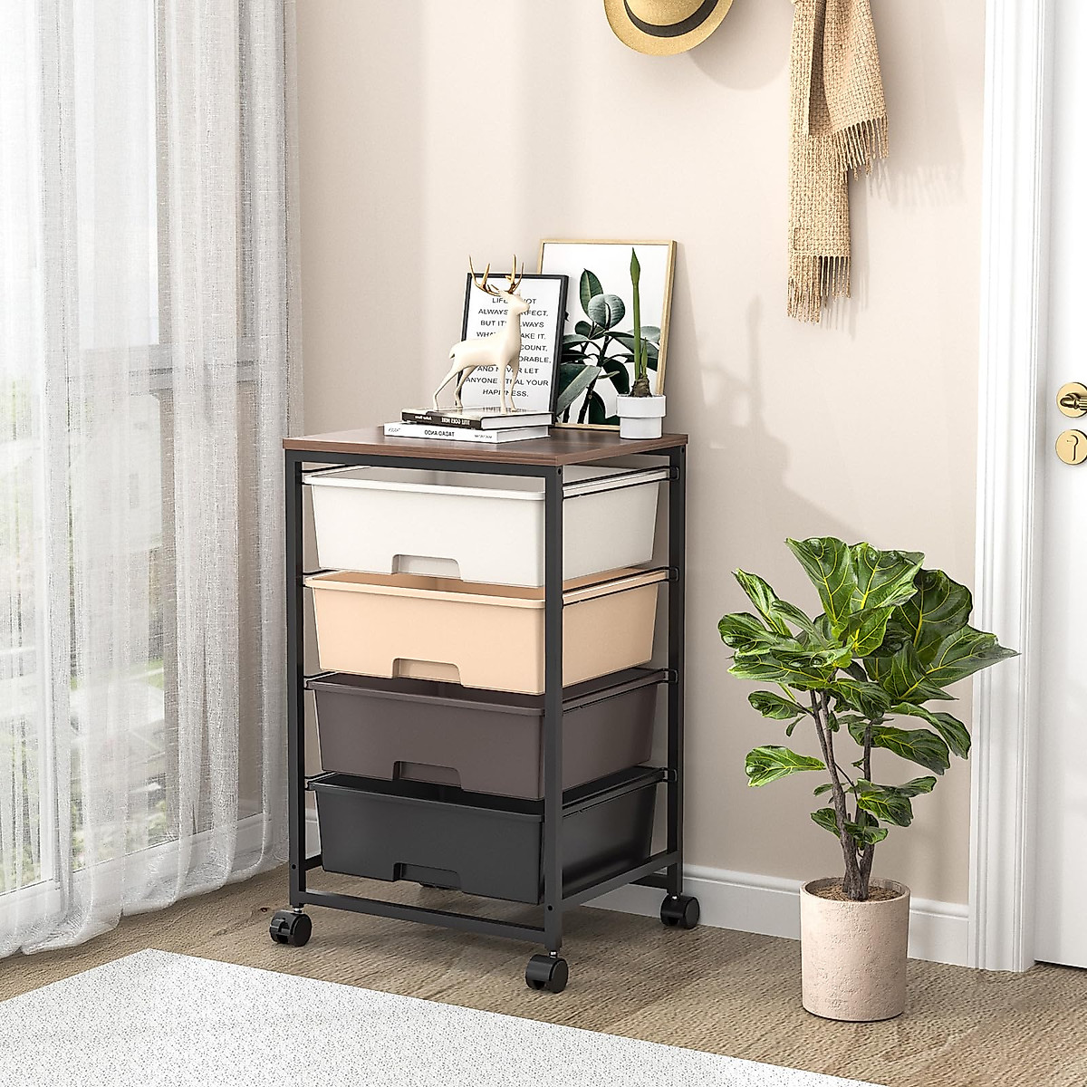 TOOLF Utility Cart with Drawers and Wooden Tabletop,4 Drawers Rolling Storage Cart,Arts and Crafts Organizer Storage Cart for Bedroom,Kid's Room,Dorm,Classroom,Office,Brown