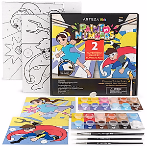 Arteza Kids Paint by Numbers Kit, 10x10 Inches, Pre-Printed Superhero Canvas Painting Kit