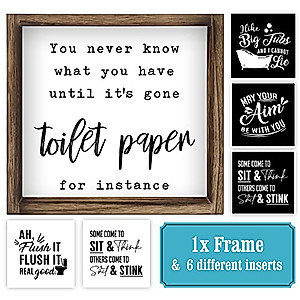 COM-PAD Funny Farmhouse Bathroom Decor Signs - 6 Interchangeable Wall Decorations w/ Hilarious Sayings and Rustic Frame - Instantly Create a Fun Filled Bathroom In Your Home