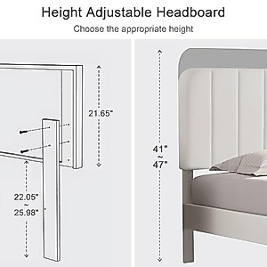 VECELO Twin Size Bed Frame with Adjustable Headboard, Velvet Heavy Duty Platform Beds with Strong Wood Slats Support, No Box Spring Needed, White