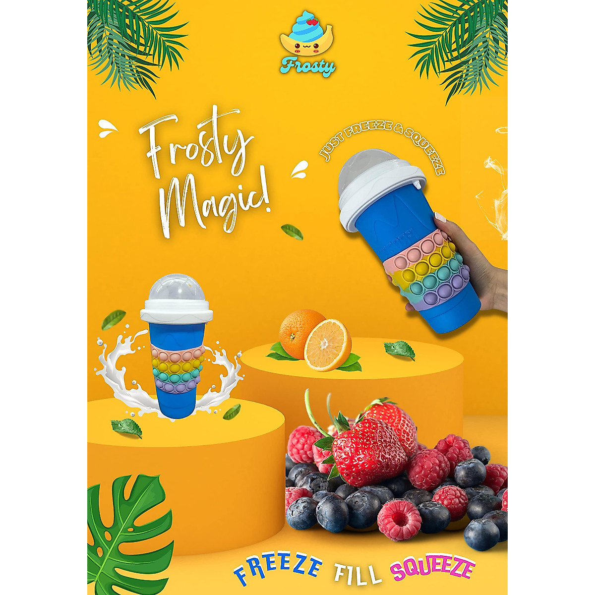 FROSTY - Magic Slushy Maker Squeeze Cup - Tiktok Smoothie- Frozen Drink - Soda Slushie - Ice Cream - Bonus Straw Spoon, Brush Cleaner, Pop It Squeeze Sleeve & Recipe