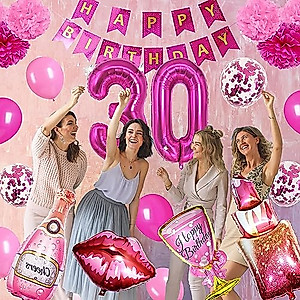Crenics Rose Pink 30th Birthday Decorations for Women - Happy Birthday Banner, Paper Pom Poms, 30 Number Balloon, Lipstick Champagne Balloons and 24 Latex Balloons for Women 30 Birthday Party Supplies