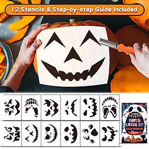 Erosbon 35pcs Pumpkin Carving Kit for Kids & Adult- Professional Stainless Steel Pumpkin Carving Tools & Stencil& Candles for Halloween Decoration Jack O Lantern Pumpkin