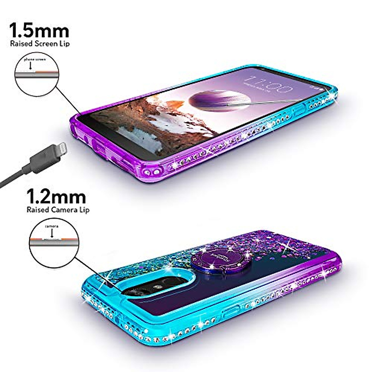Silverback for LG Stylo 4 Case,LG Stylo 4 Plus Case,LG Q Stylus 4, Moving Liquid Holographic Sparkle Glitter Case with Stand, Bling Diamond Ring Slim Protective Case for LG Stylo 4 -Purple
