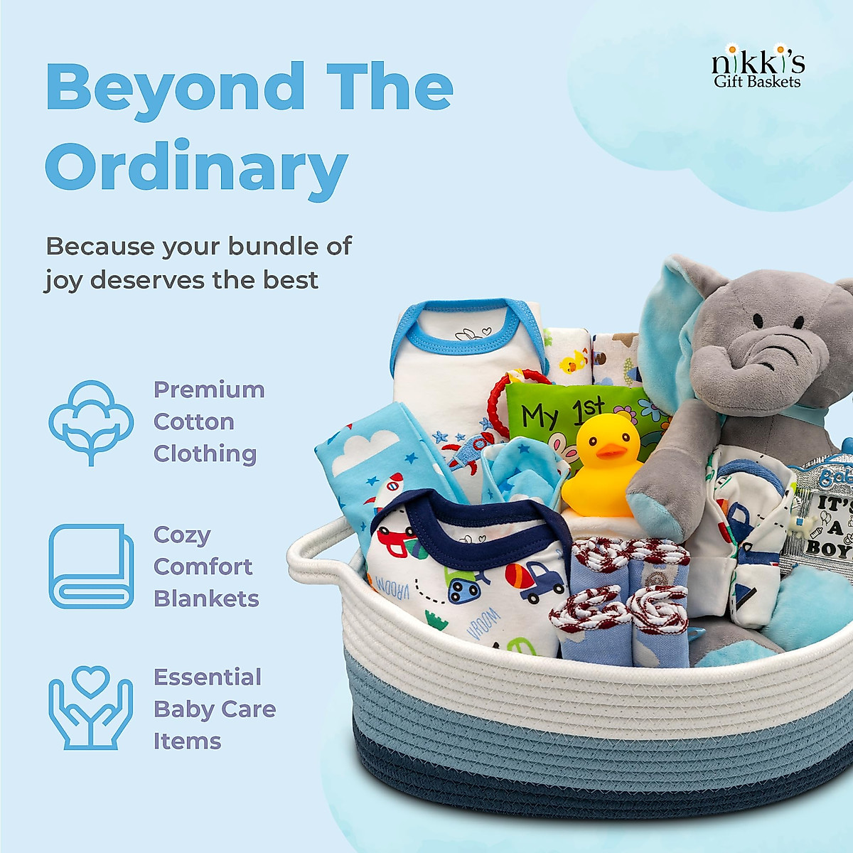 Bundle of Joy Deluxe New Baby Gift Basket | Newborn Baby Boy Gift Set with Baby Essentials | Baby Gift Basket for Expecting Moms | Baby Layette Set | Blue Baby Gift Set | Nikki's Gift Baskets