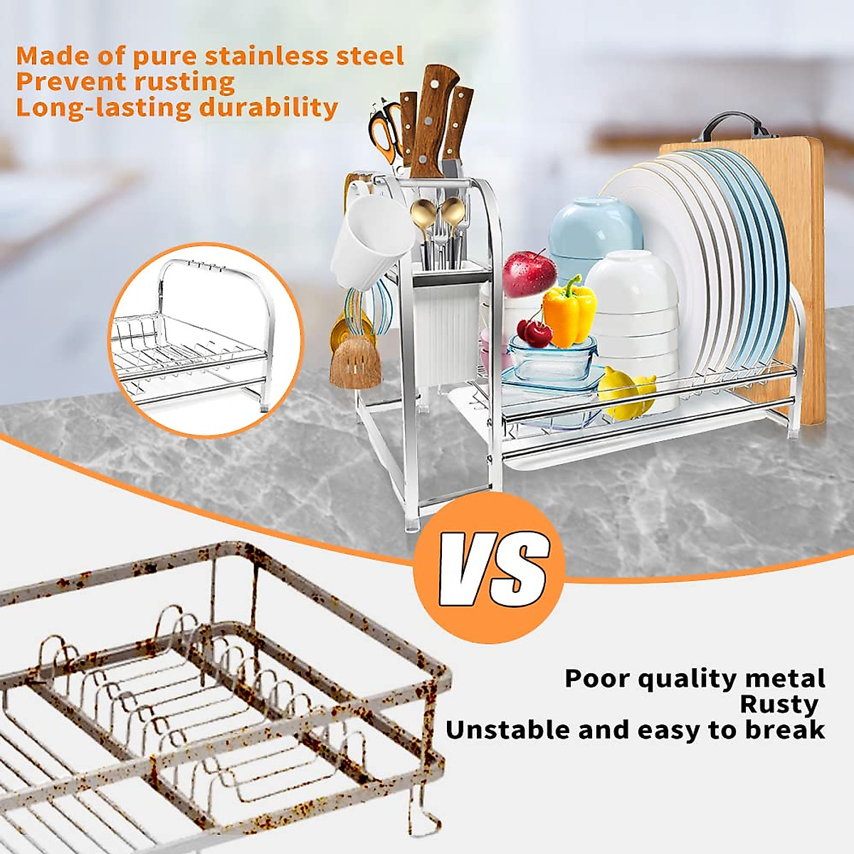 SPAKITCHCE Large Dish Rack Dry Drainer - Stainless Steel Dish Dryer Racks Metal Dish Drying Rack with Draining Drainboard Cutting Board for Kitchen Counter Saving Space