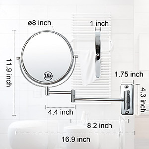LANSI Wall Mounted Makeup Mirror, 10x/1x Double-Sided Magnifying Mirror, 360° Extendable Arm Bathroom Mirror, 8 inch Vanity Mirror for Makeup or Shaving Chrome Finish
