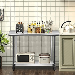 Giantex 48 x 30 Inches Stainless Steel Food Prep Table, Heavy Duty Commercial Kitchen Metal Table with Adjustable Lower Shelf and Plastic Feet, Steel Work Prep Table for Restaurant Home