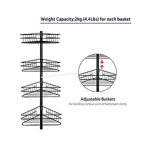 JUMPGA Aquaterior 4 Layers Shower Corner Pole Caddy Shelf Bathroom Wall Storage Metal Rack Holder